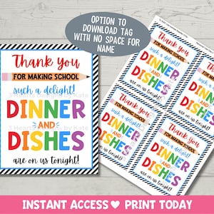 Teacher Appreciation Gift Tag: Dinner & Dishes Card | Instant Download ...