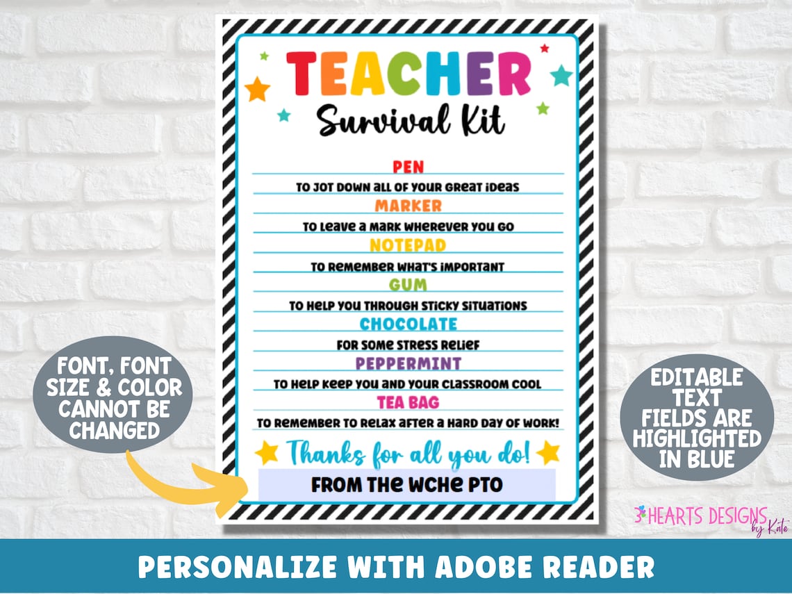 Personalized Teacher Survival Kit Gift Tag: Printable Appreciation ...