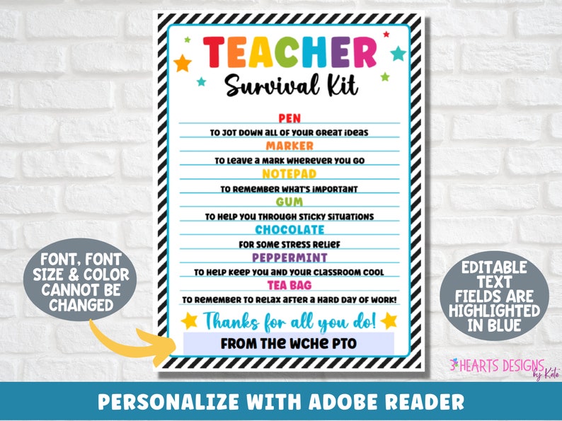 Personalized Teacher Survival Kit Gift Tag: Printable Appreciation ...