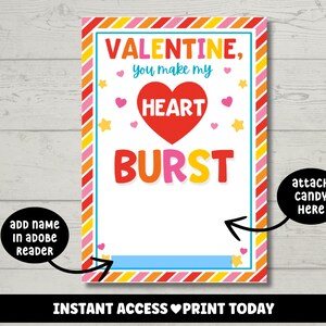 Valentine You Make My Heart Burst Card | Classroom Valentine Cards for ...