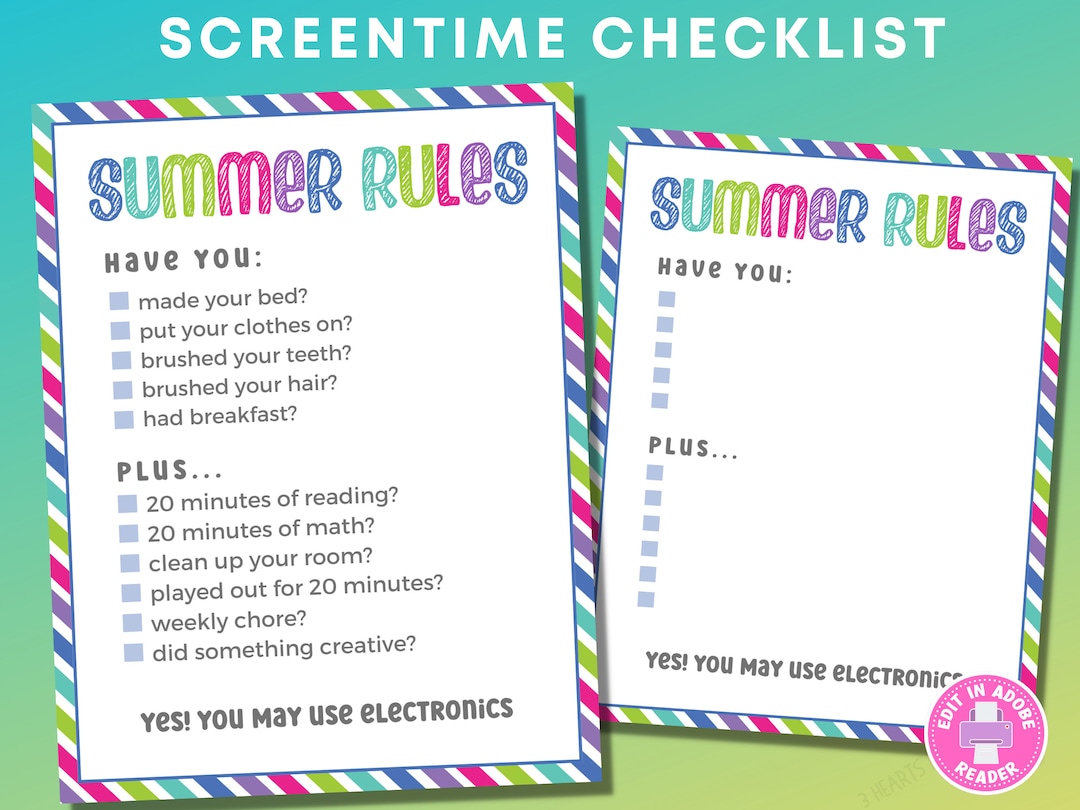 Summer Rules for Kids | Editable Screentime Checklist | Chore Chart ...