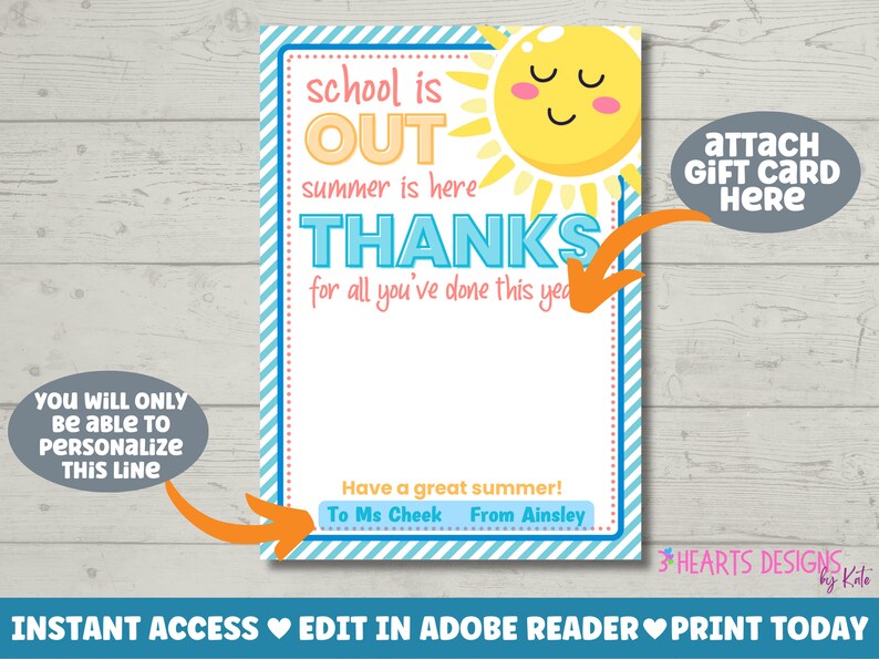 End of Year Teacher Gift Card Holder Printable | Teacher Appreciation ...