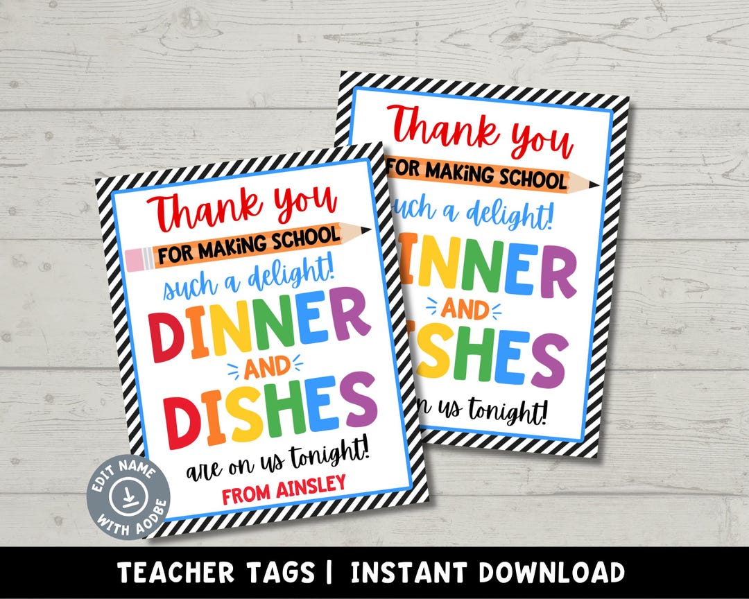 Teacher Appreciation Gift Tag: Dinner & Dishes Card | Instant Download ...