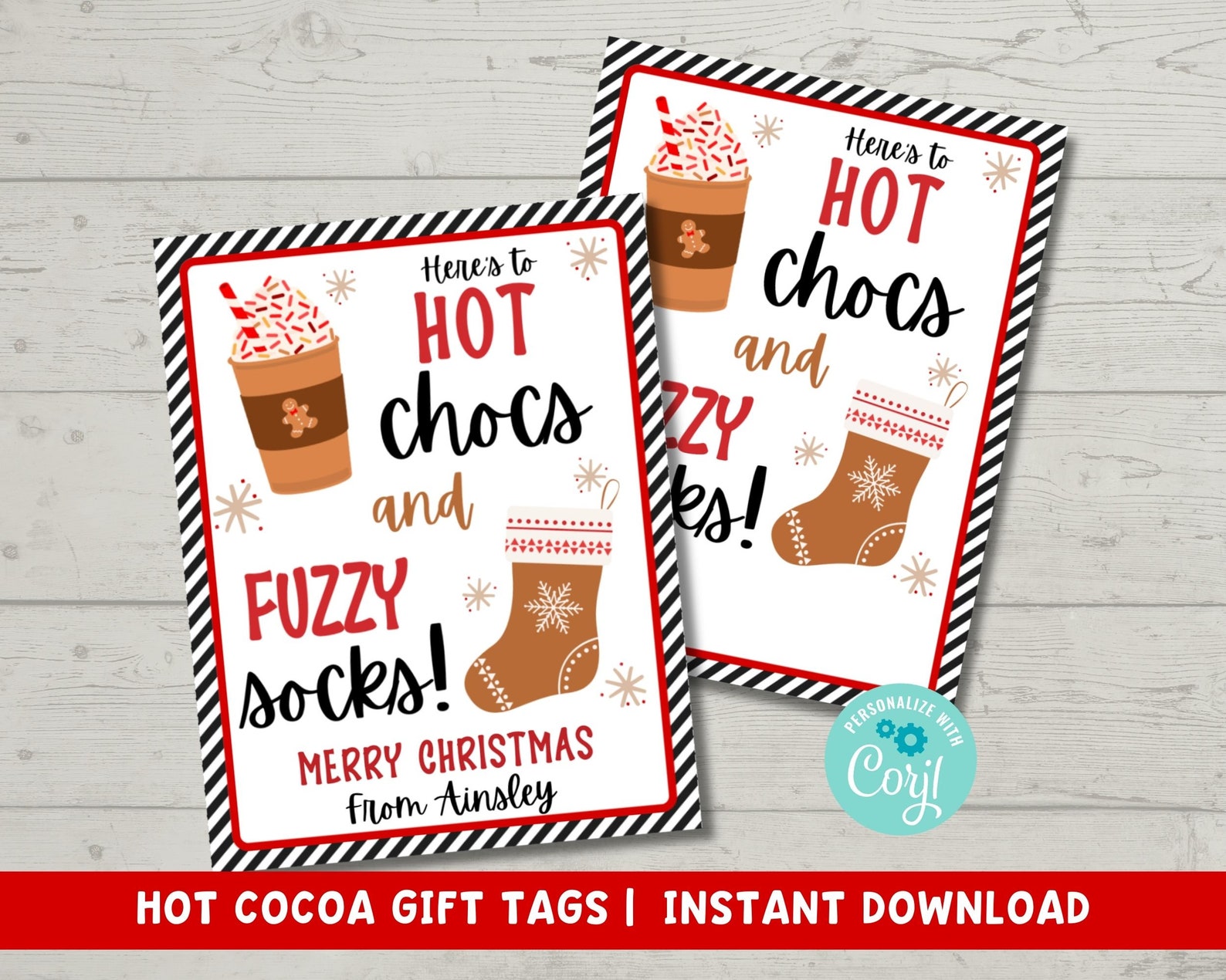 Hot Chocolate and Fuzzy Socks Christmas Printable Gift Tag Secret Santa ...