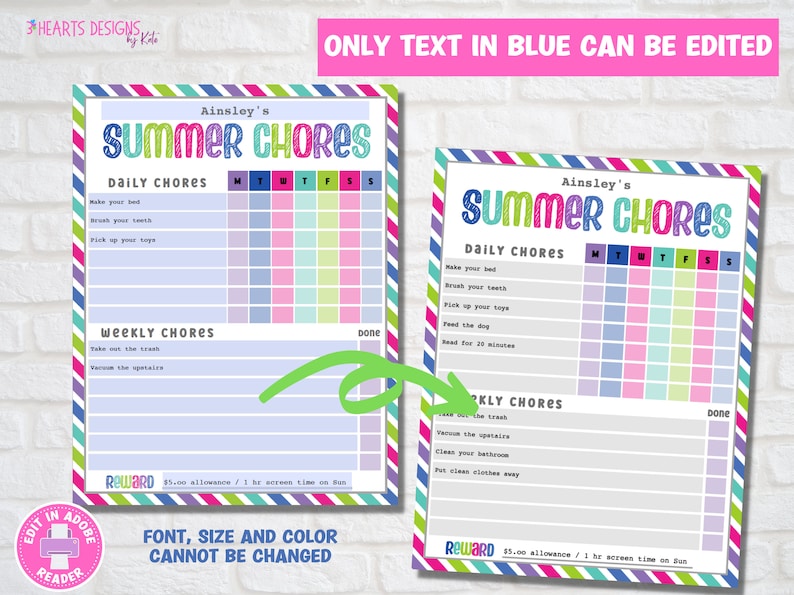 Editable Summer Chore Chart Bundle: Responsibility Checklist | Instant ...