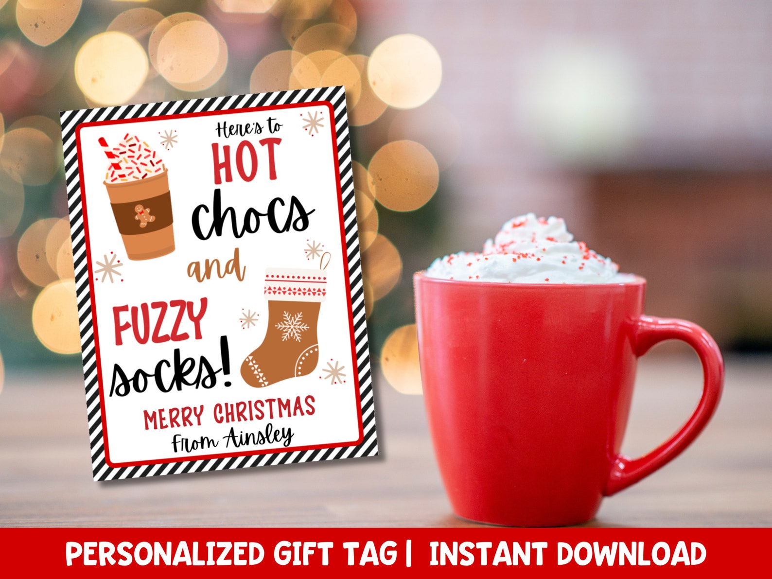 Hot Chocolate and Fuzzy Socks Christmas Printable Gift Tag Secret Santa ...