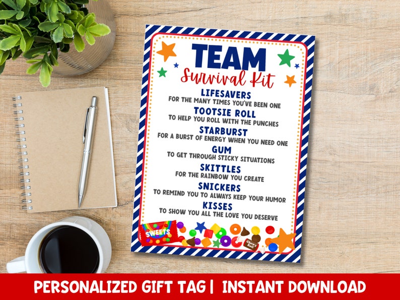 Editable Printable Team Survival Kit Staff Appreciation Candy Tag Gift ...