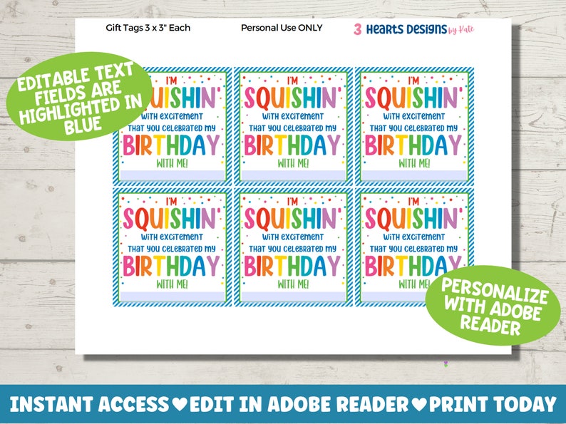 Fun Party Squishy Gift Tag Printable for Kids' Birthday Celebration ...
