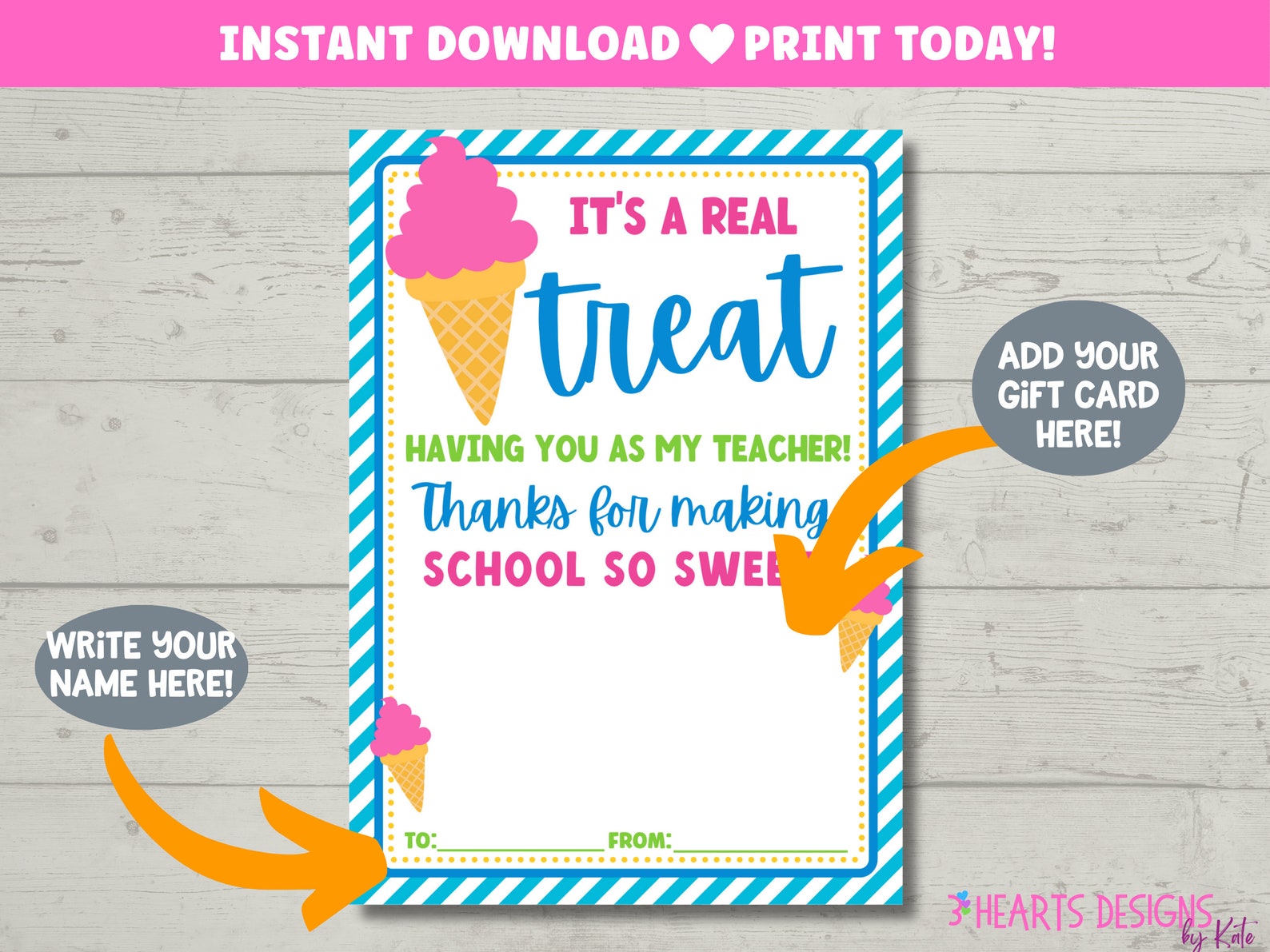 Ice Cream Gift Card Holder: Teacher Appreciation Printable | Instant ...