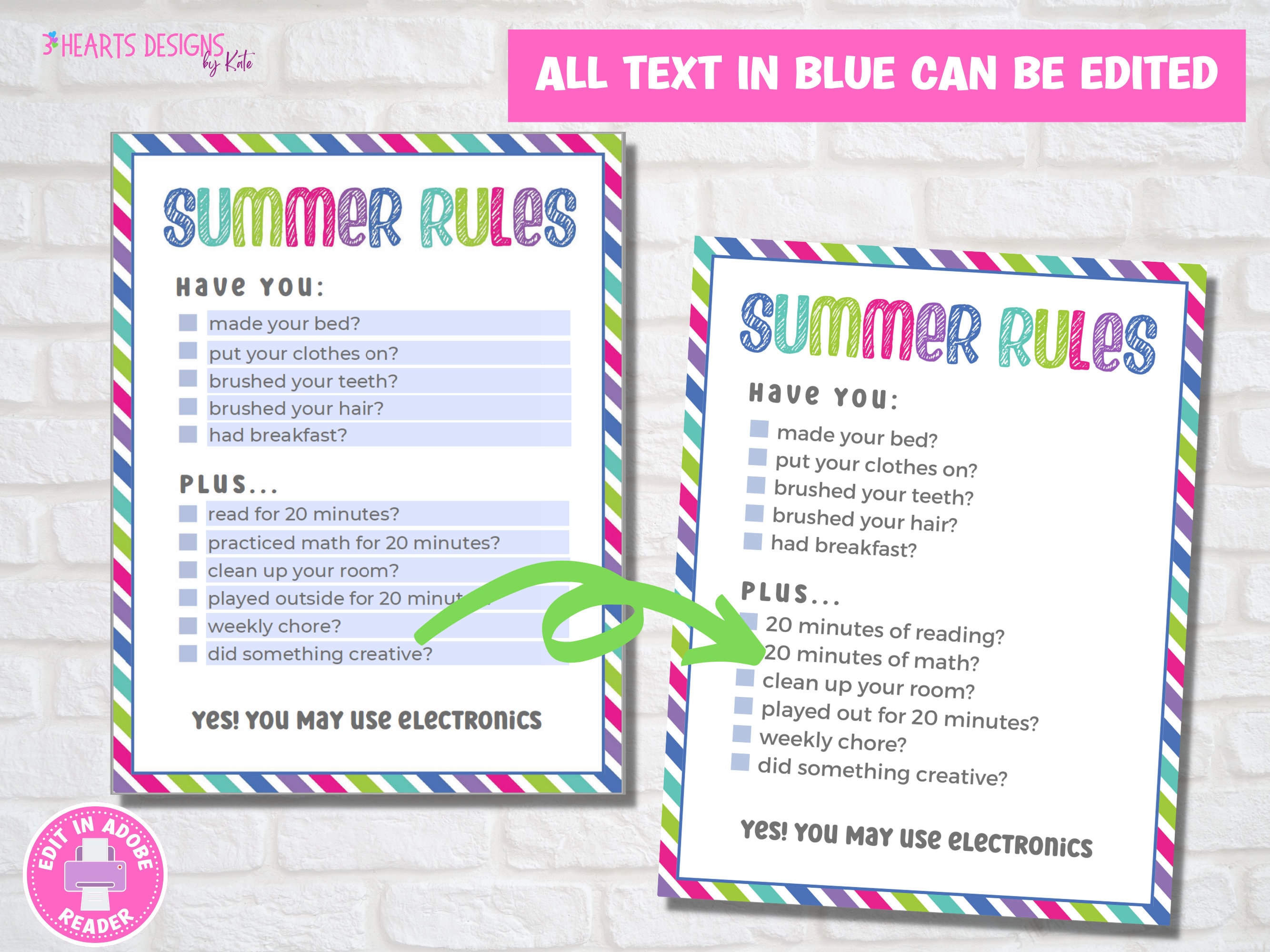 Summer Rules for Kids | Editable Screentime Checklist | Chore Chart ...