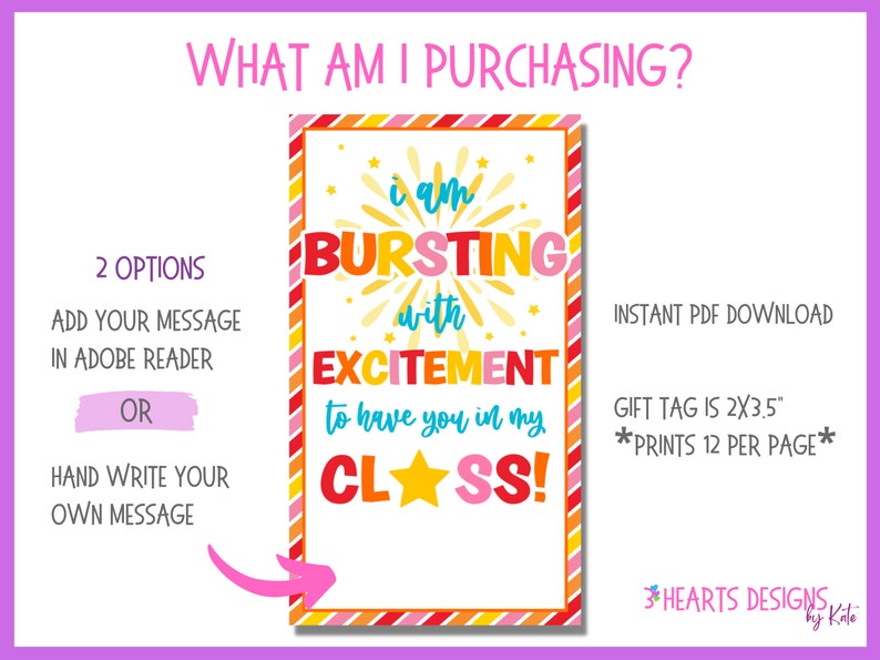 Back to School Gift Tag: Bursting With Excitement, Editable Teacher Tag ...