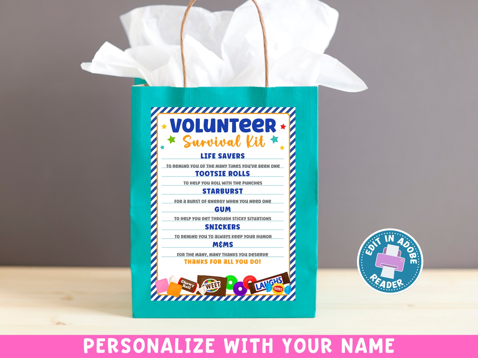 Volunteer Appreciation Gift Tags: Survival Kit Thank You | PDF Download ...