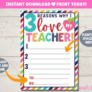 I Love My Teacher Card Printable | Teacher Appreciation Fill in the ...