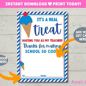 Ice Cream Gift Card Holder Printable: Teacher Appreciation | Instant ...