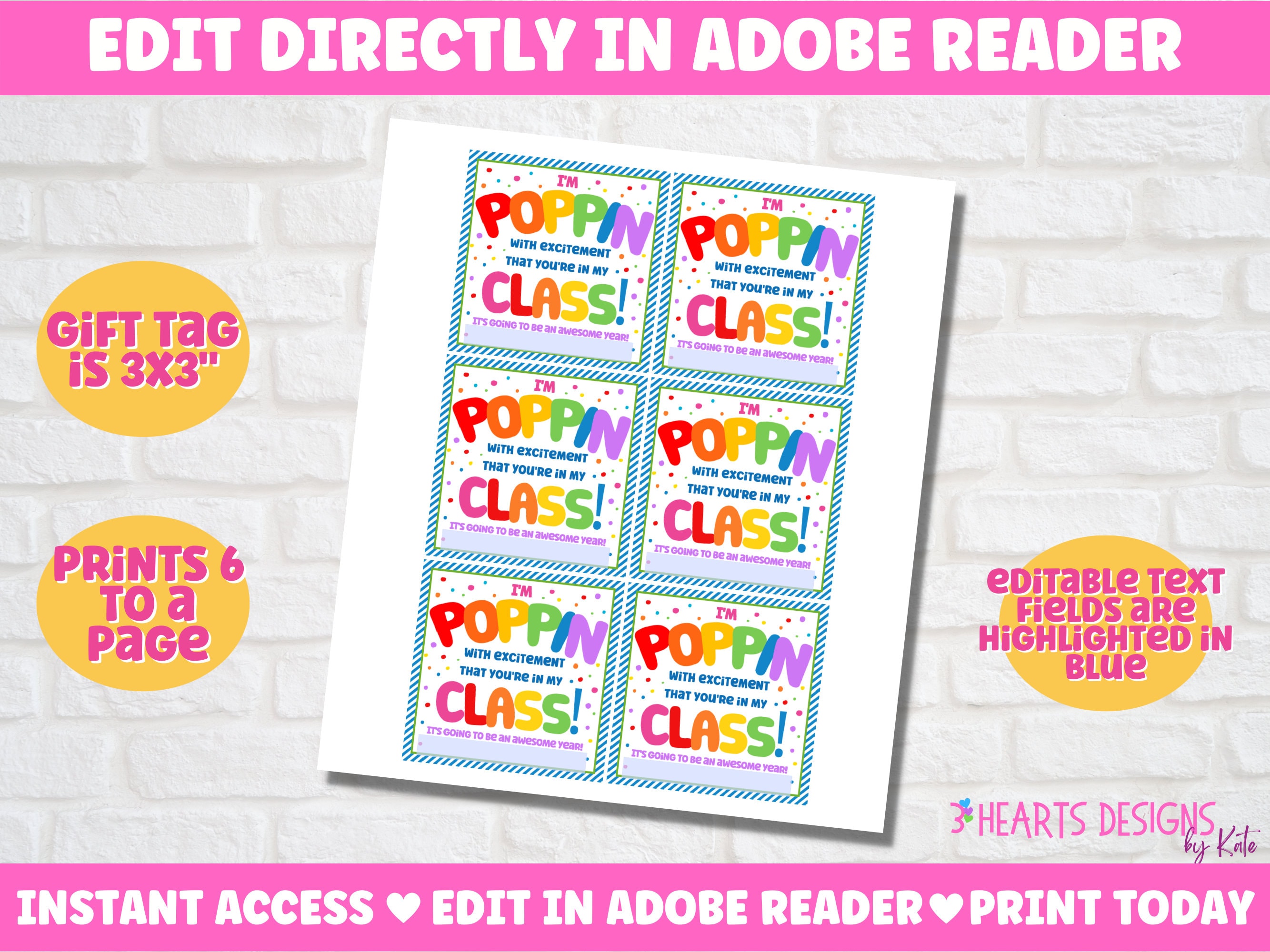 Popping With Excitement Gift Tag | First Day of School (editable PDF ...