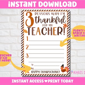 Thanksgiving Teacher Card Printable Fill in the Blank Card for Teacher ...