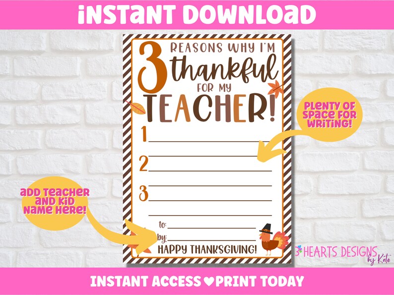 Teacher Thanksgiving Card Printable | Fill-in-the-blank Thankful Card ...