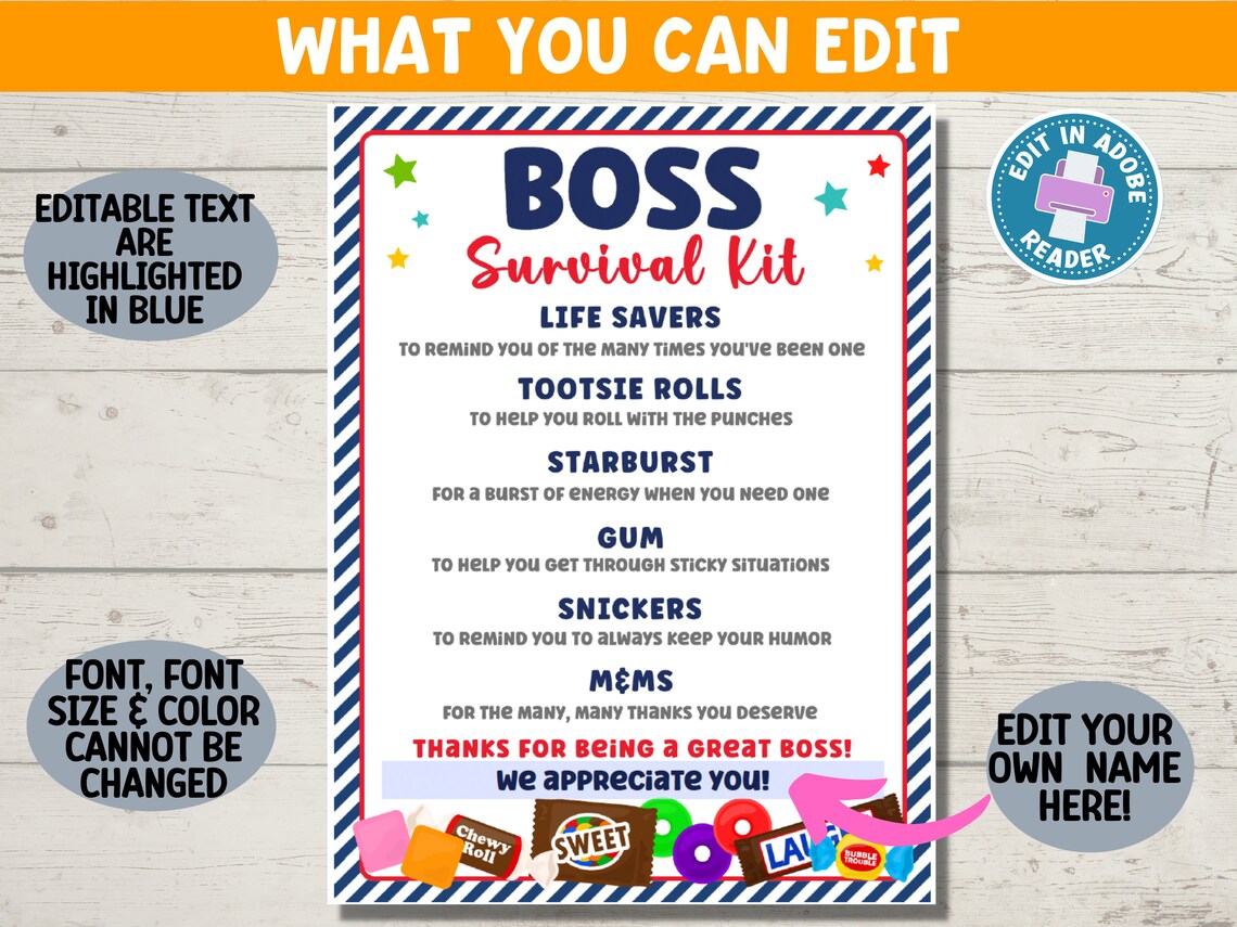 Printable Boss Survival Kit Gift Tag - Funny Appreciation Gift for ...
