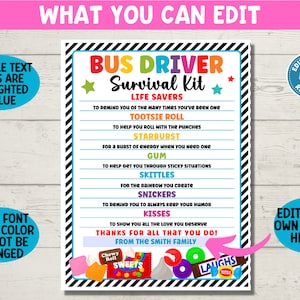 Bus Driver Survival Kit Printable Tags for Appreciation Gifts | Instant ...