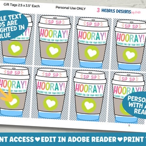 Teacher Coffee Gift Tag: Sip Sip Hooray, Editable | Instant Download ...