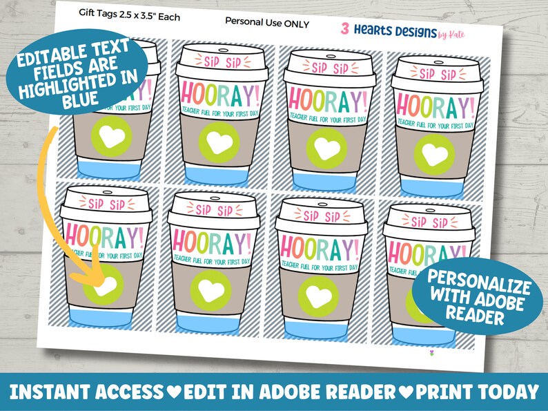 Teacher Coffee Gift Tag: Sip Sip Hooray, Editable | Instant Download ...