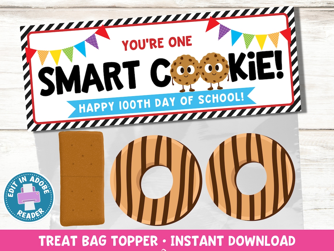 100 Days of School Treat Bag Topper Printable One Smart - Etsy