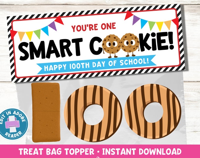 100th Day of School Bag Topper, INSTANT EDITABLE DOWNLOAD, 100 Days ...