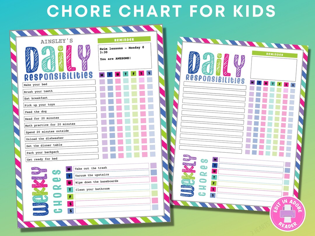 Editable Chore Chart for Kids | Responsibility Chart Printable | Daily ...