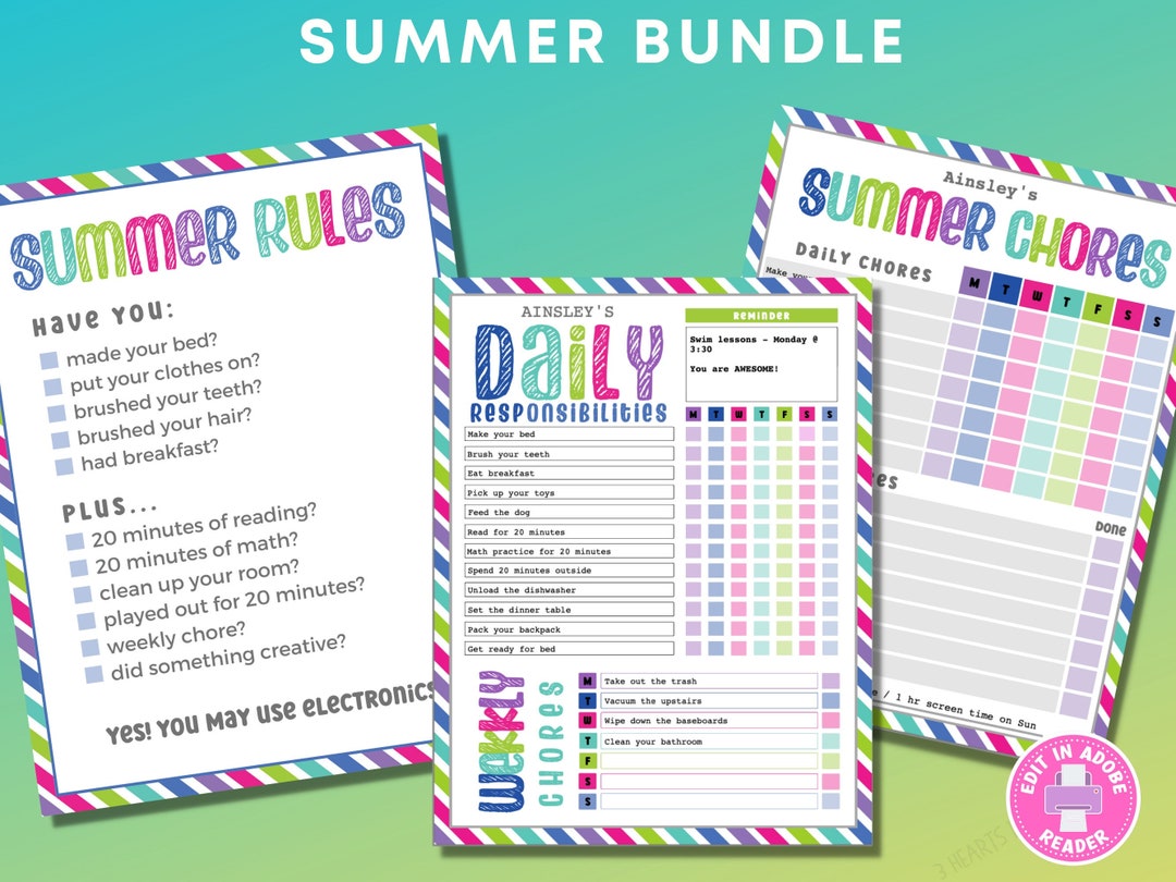 Editable Summer Chore Chart Bundle: Responsibility Checklist | Instant ...