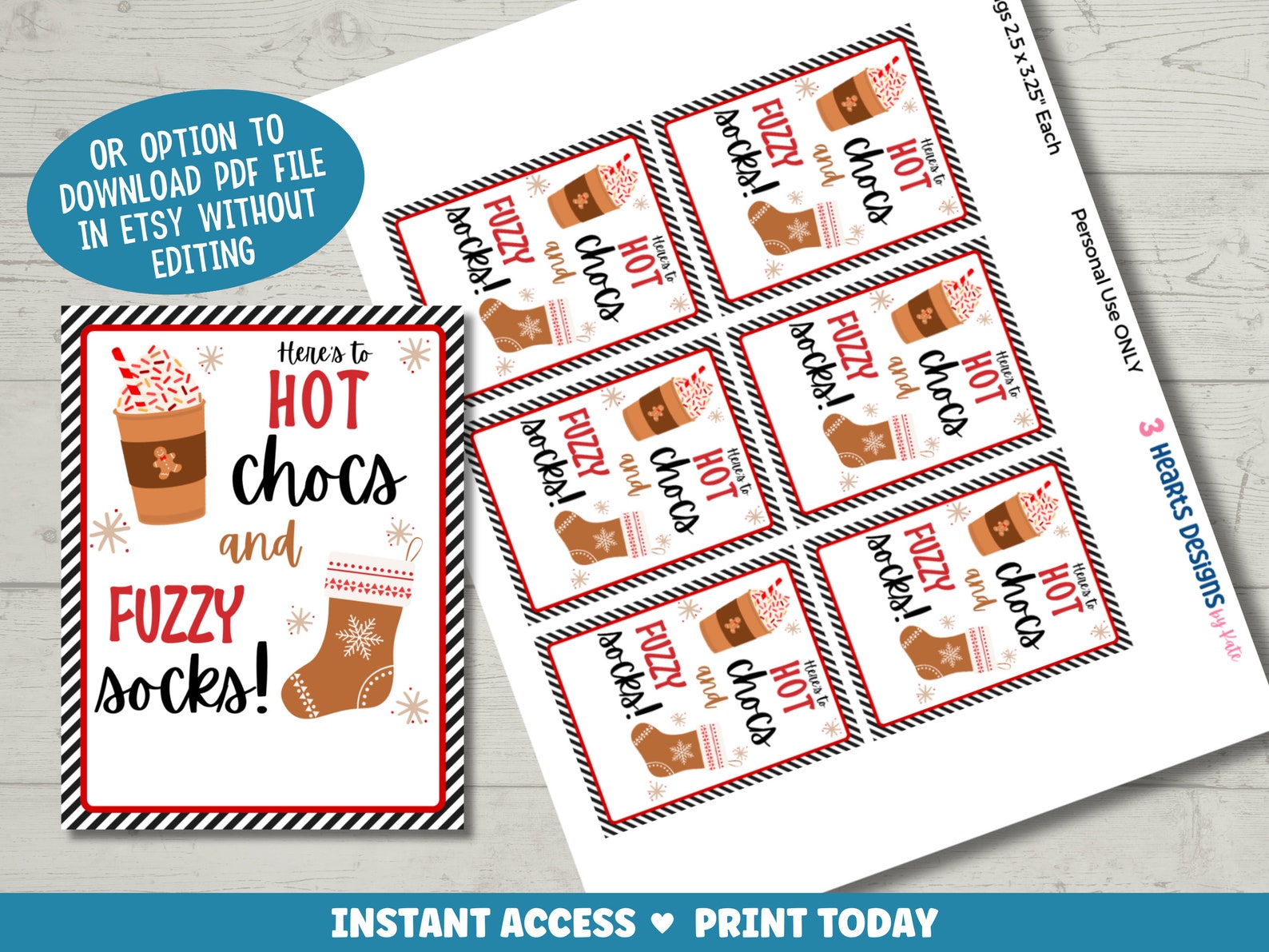Hot Chocolate and Fuzzy Socks Christmas Printable Gift Tag Secret Santa ...