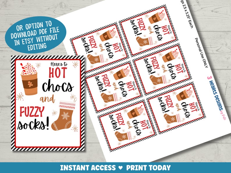 Hot Chocolate and Fuzzy Socks Christmas Printable Gift Tag Secret Santa ...