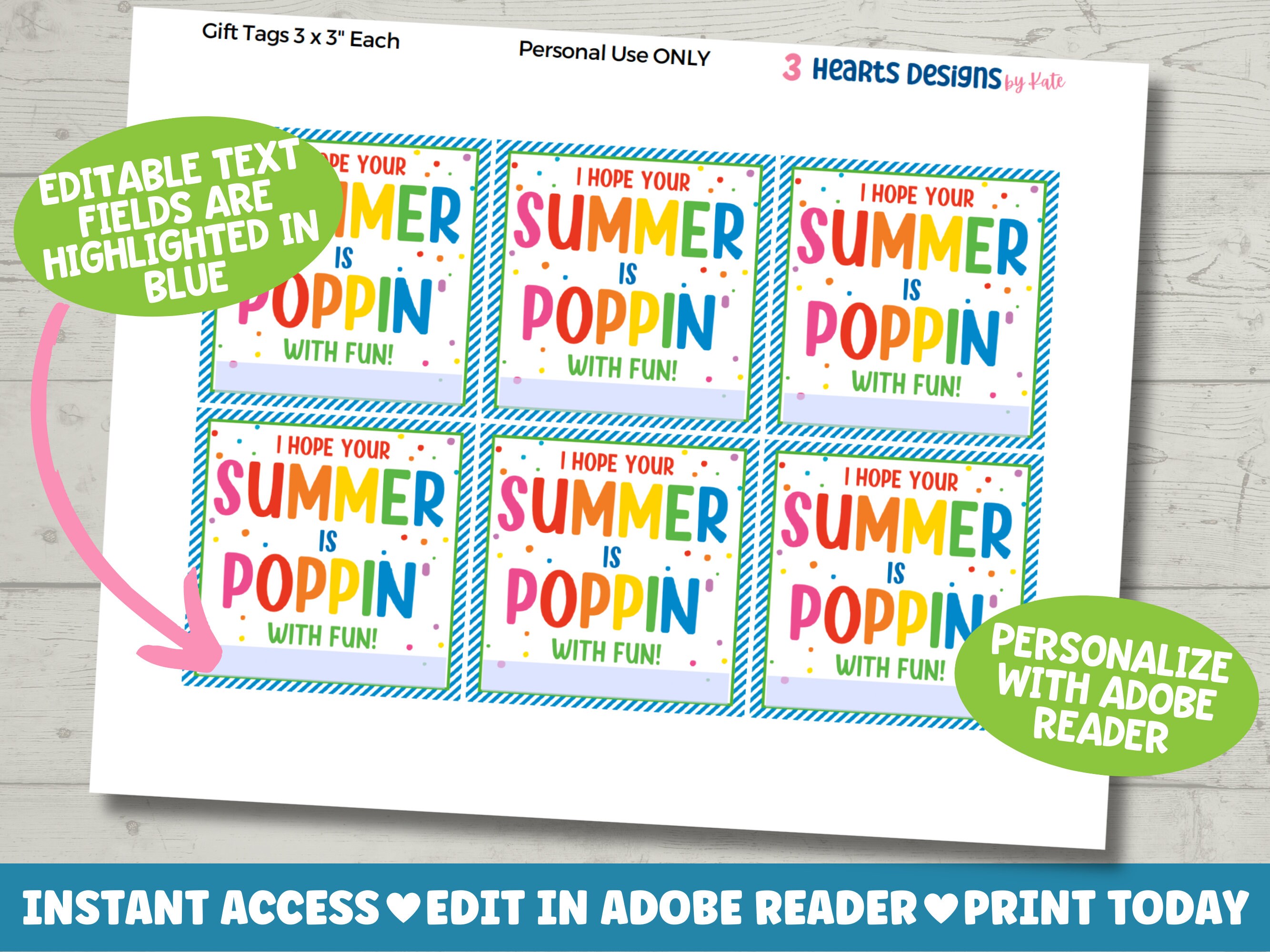 Poppin' Summer Gift Tag: End of School Student Gift | Instant Download ...