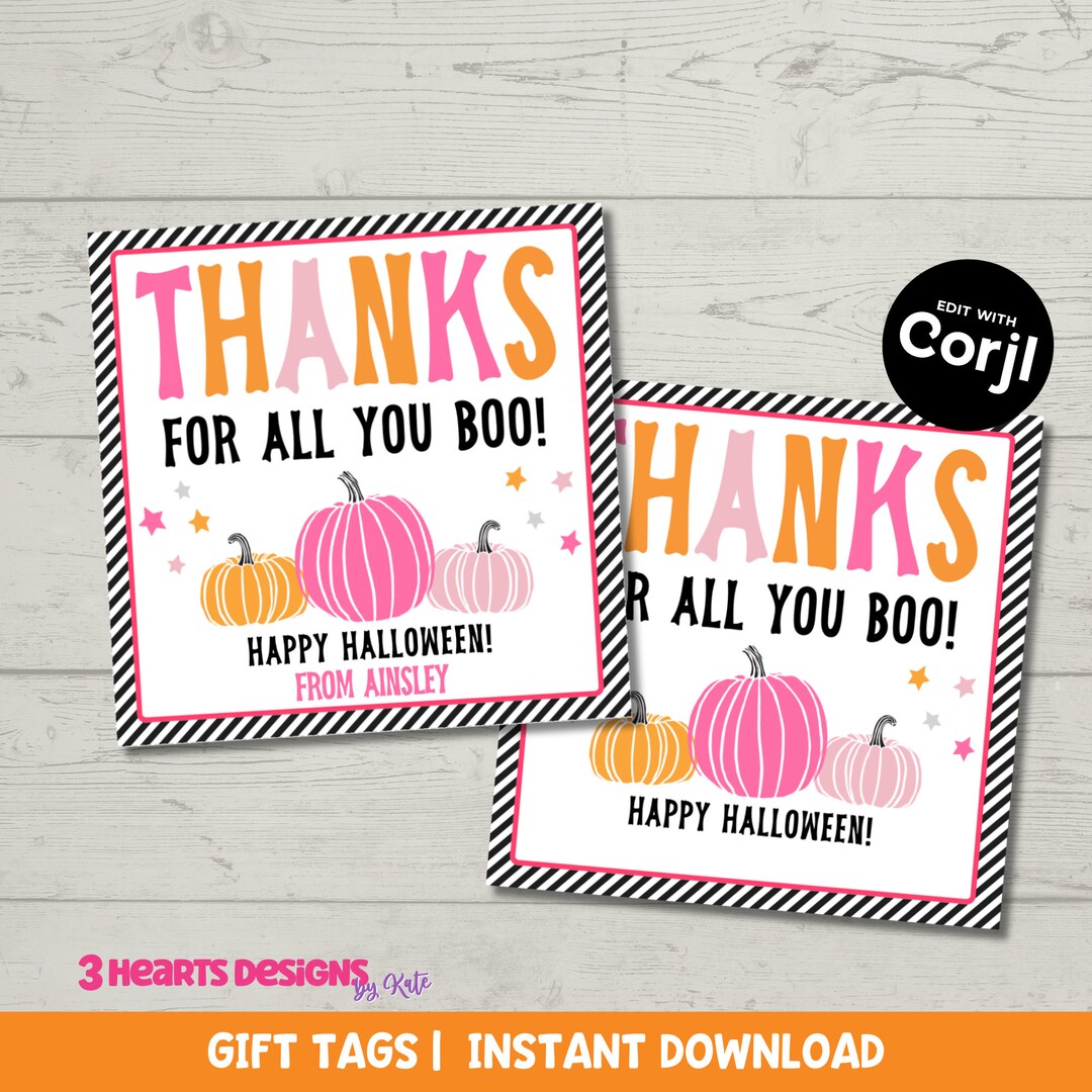 Printable Pink Pumpkin Halloween Favor Tags: Thanks for All You Boo ...