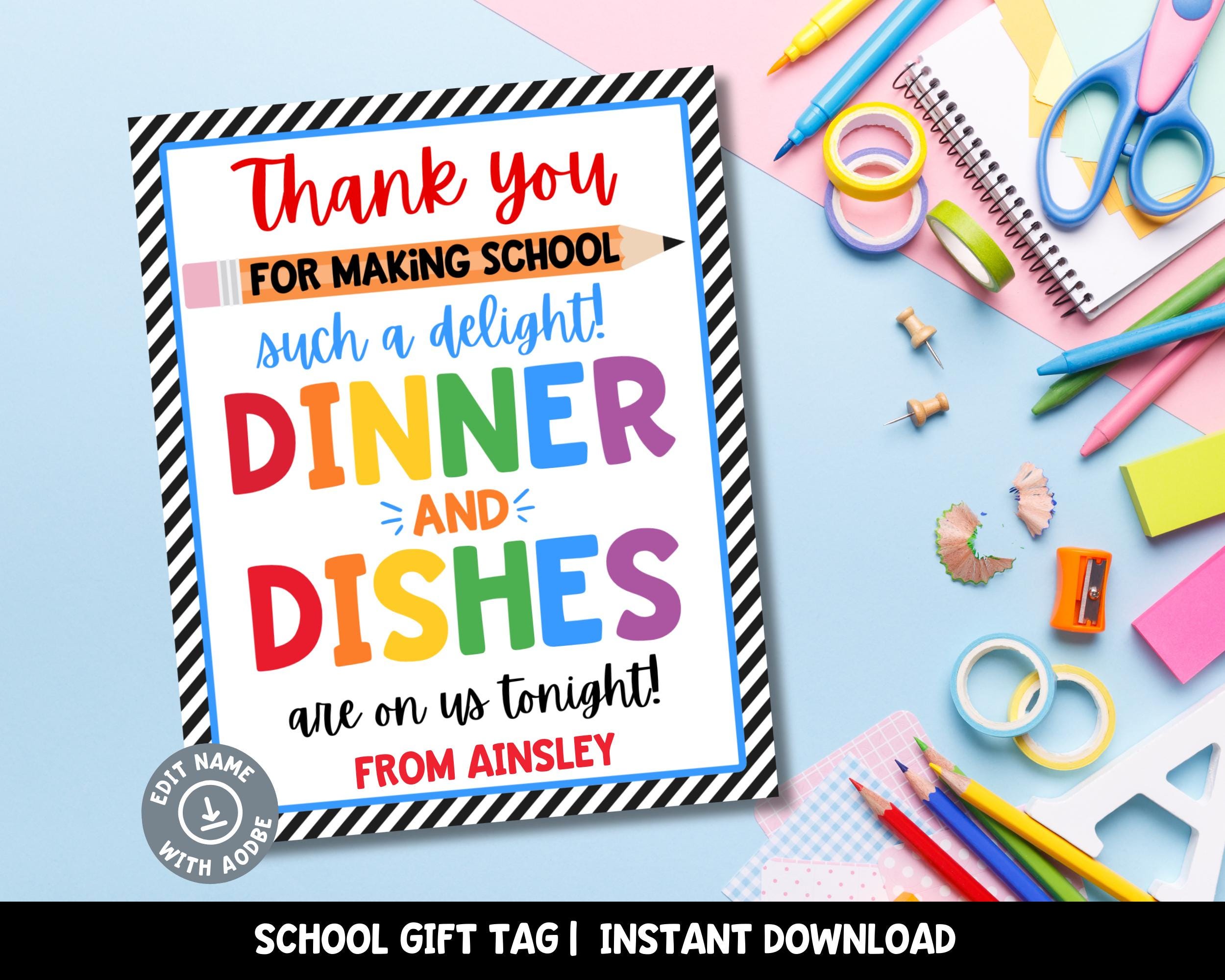 Teacher Appreciation Gift Tag: Dinner & Dishes Card | Instant Download ...