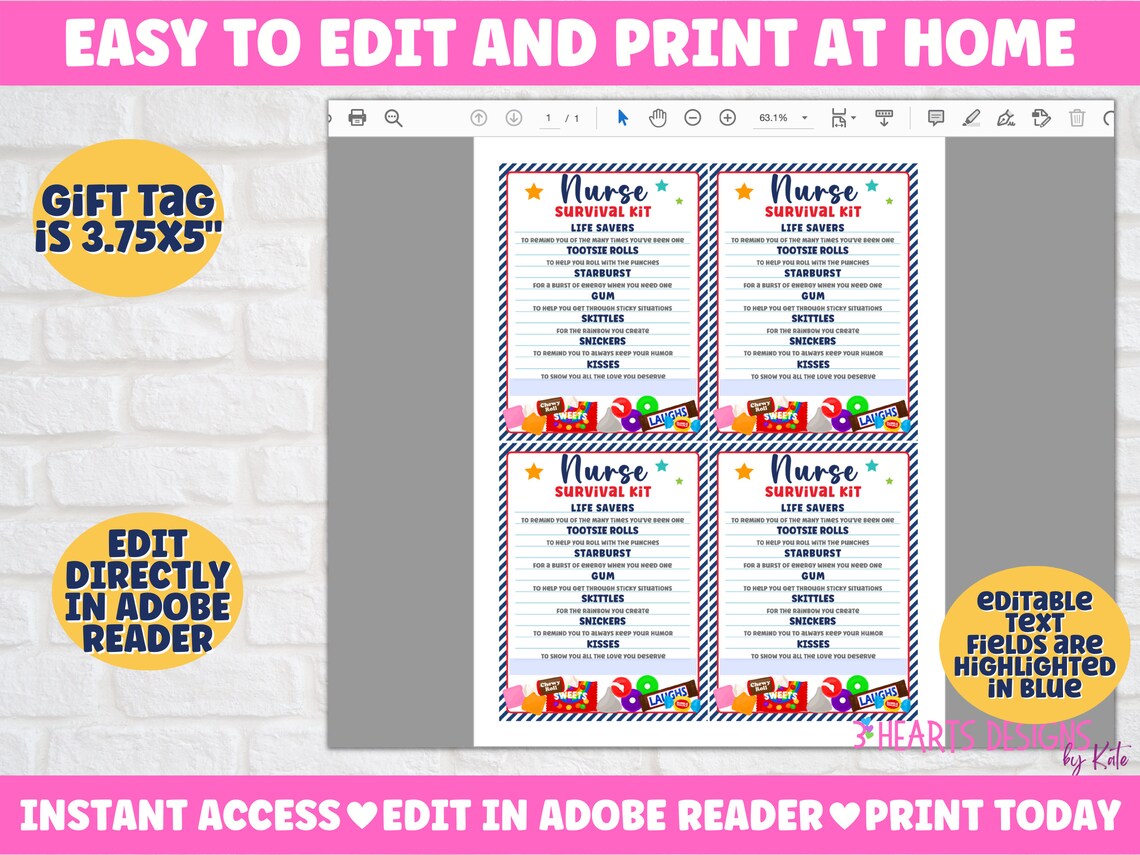 Nurse Survival Kit Tag Printable Nurse Appreciation Gift Tag - Etsy