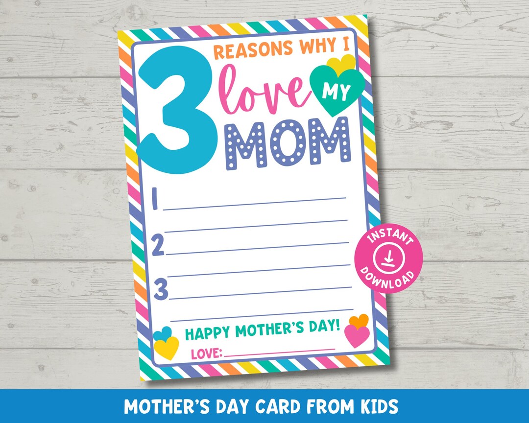 Printable Mothers Day Card Keepsake | 3 Reasons Why I Love My Mom Card ...