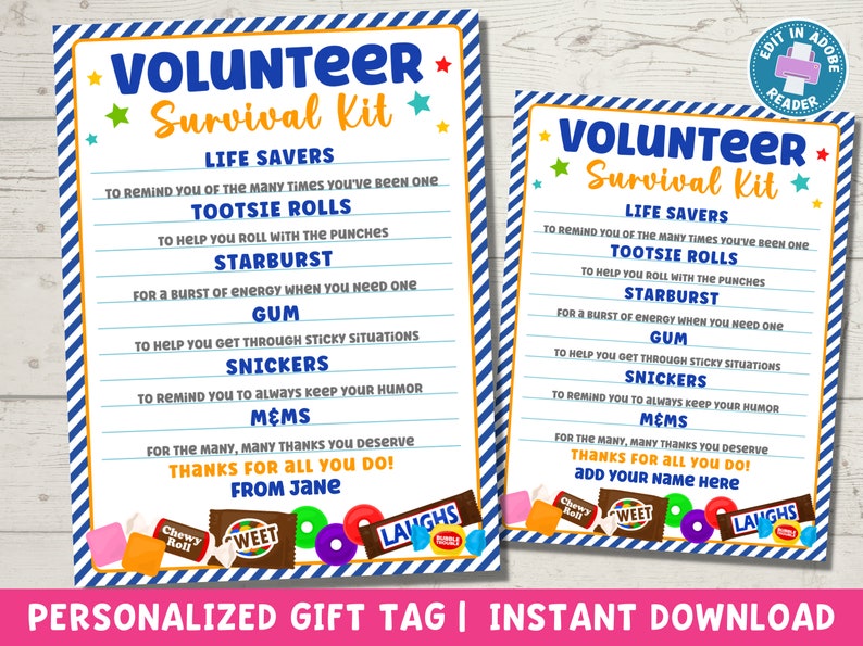 Volunteer Appreciation Gift Tags: Survival Kit Thank You | PDF Download ...