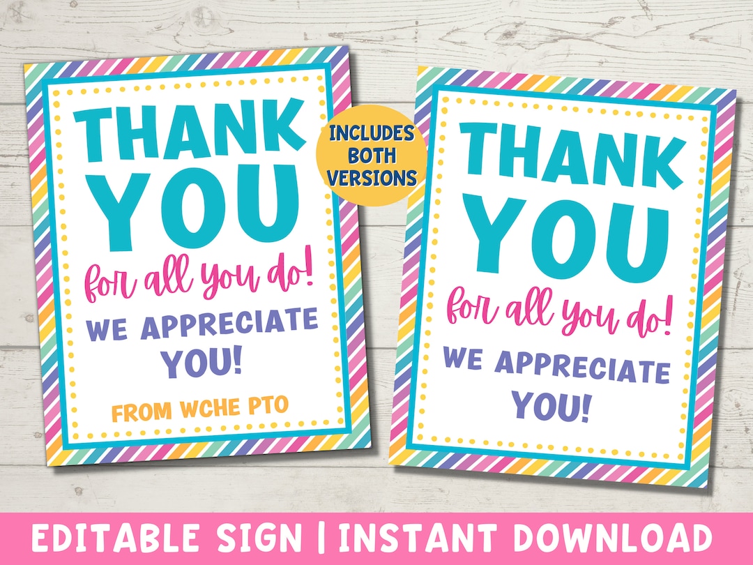 Printable Thank You Sign for Teacher Appreciation, Employee Gratitude ...