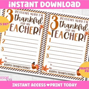 Teacher Thanksgiving Card Printable | Fill-in-the-blank Thankful Card ...