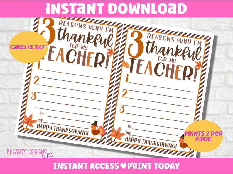 Teacher Thanksgiving Card Printable | Fill-in-the-blank Thankful Card ...