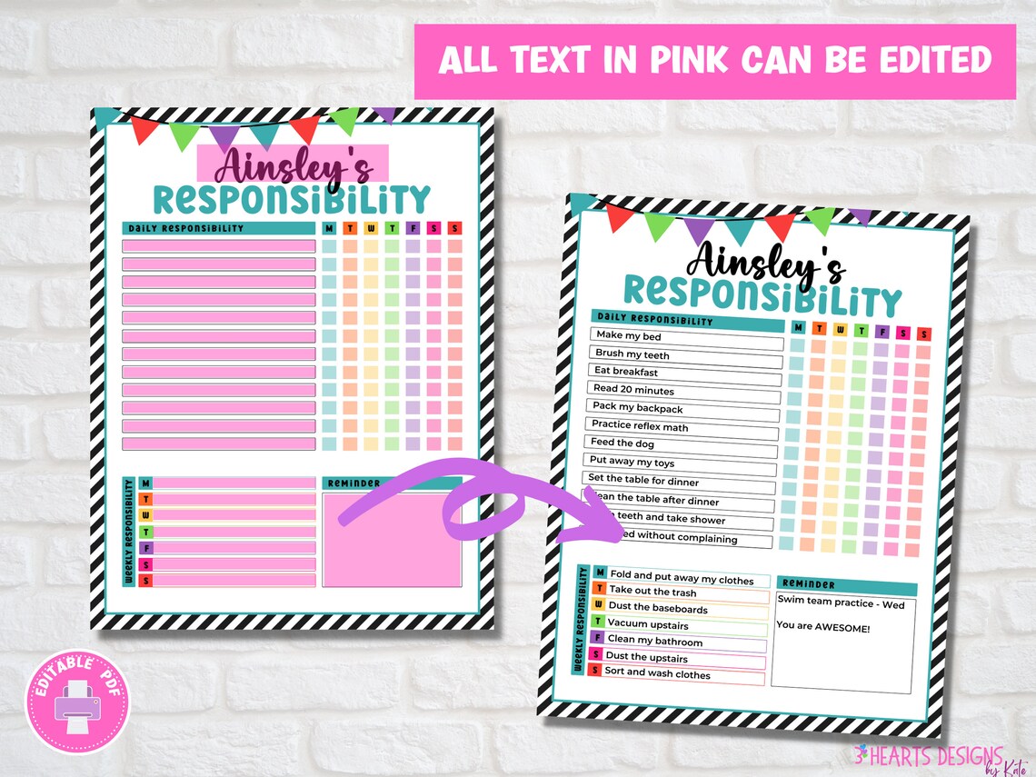 Editable Chore Chart for Kids Printable Responsibility Chart - Etsy