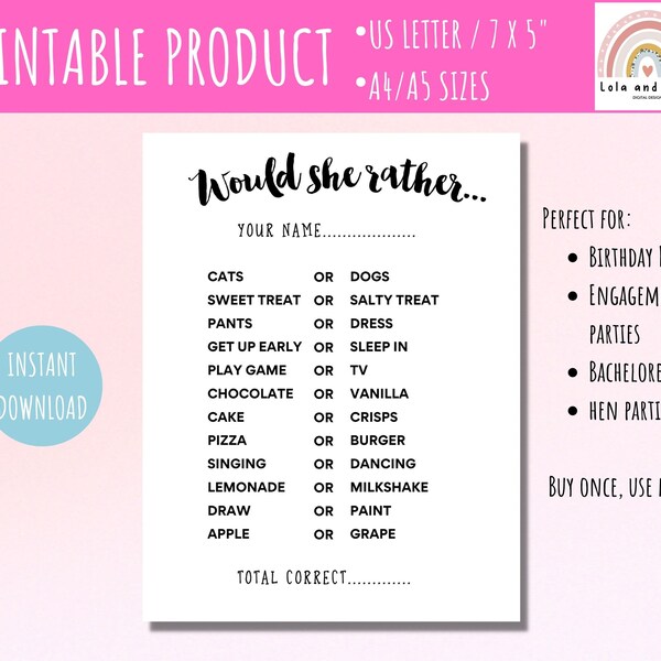 Would Be Rather Birthday Game - Etsy