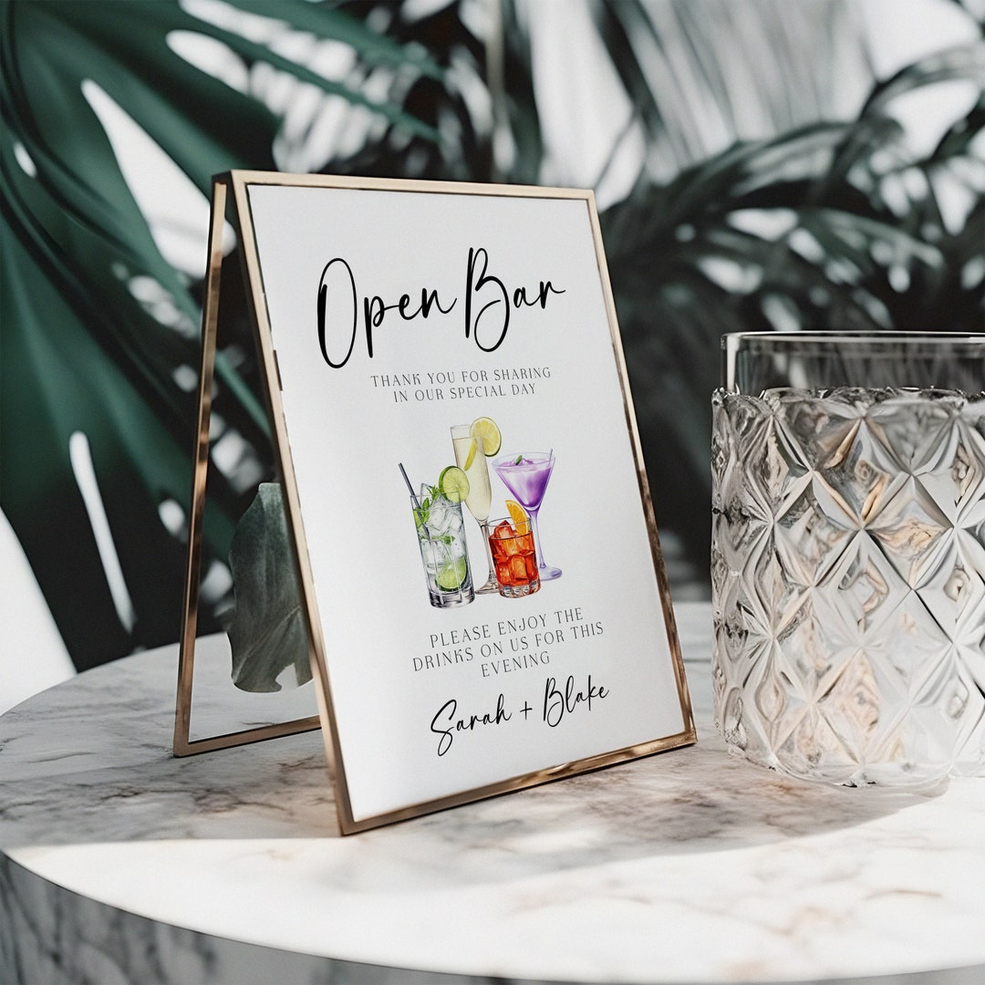 Watercolour Cocktails Open Bar Menu, 8x10 Editable Table Sign, Wedding ...
