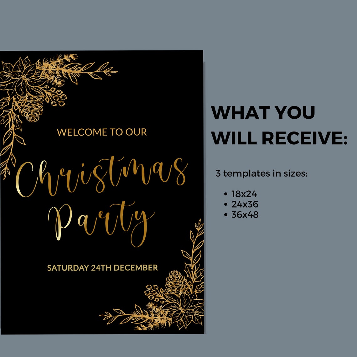 Black Gold Christmas Party Welcome Sign Editable Template, Elegant Gold ...