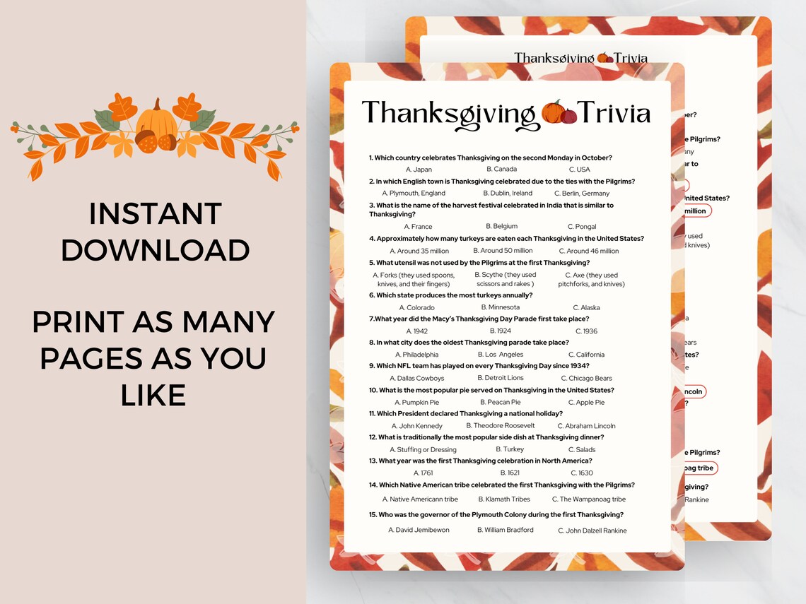 Thanksgiving Printable Trivia Game, Thanksgiving Game, Thanksgiving Kid ...