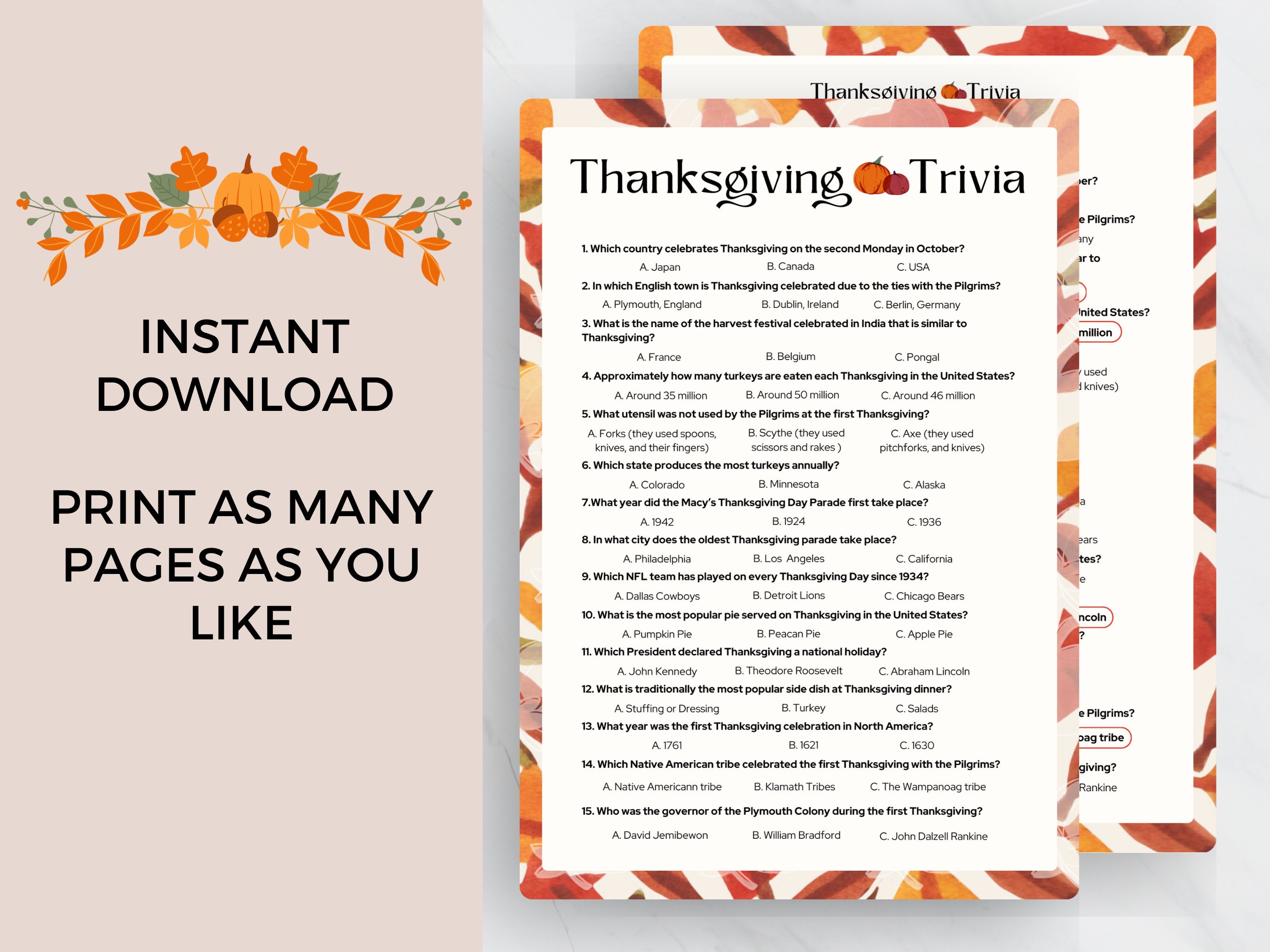 Thanksgiving Printable Trivia Game, Thanksgiving Game, Thanksgiving Kid ...