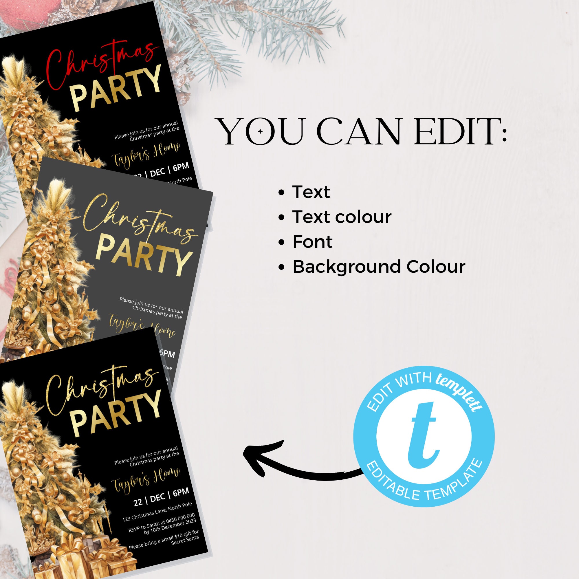 Editable Christmas Party Digital Template, Downloadable Gold Party ...