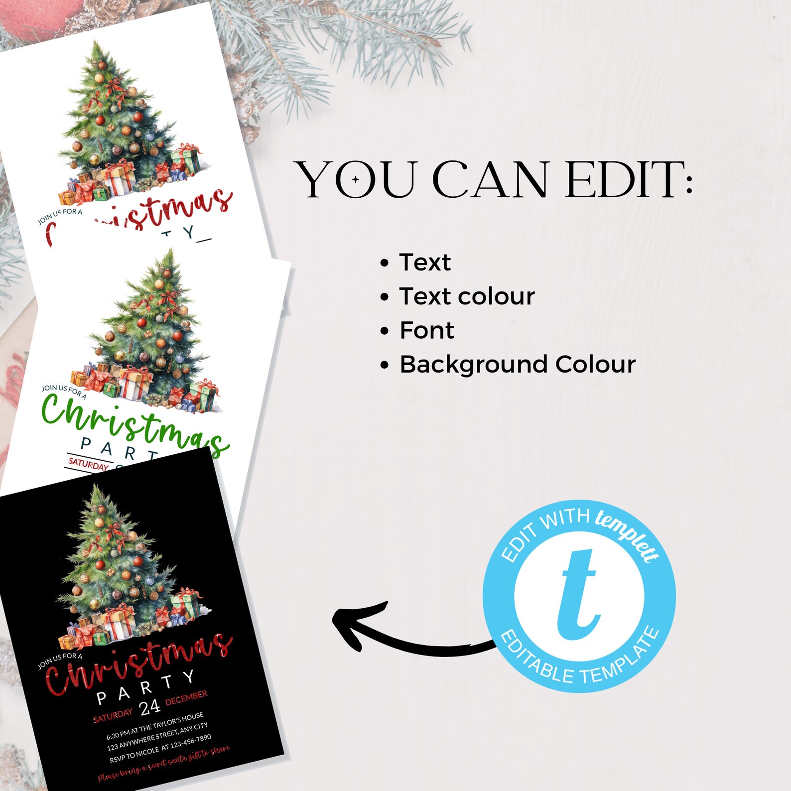 Digital Christmas Party Printable Invitation, Editable Xmas Tree Invite ...