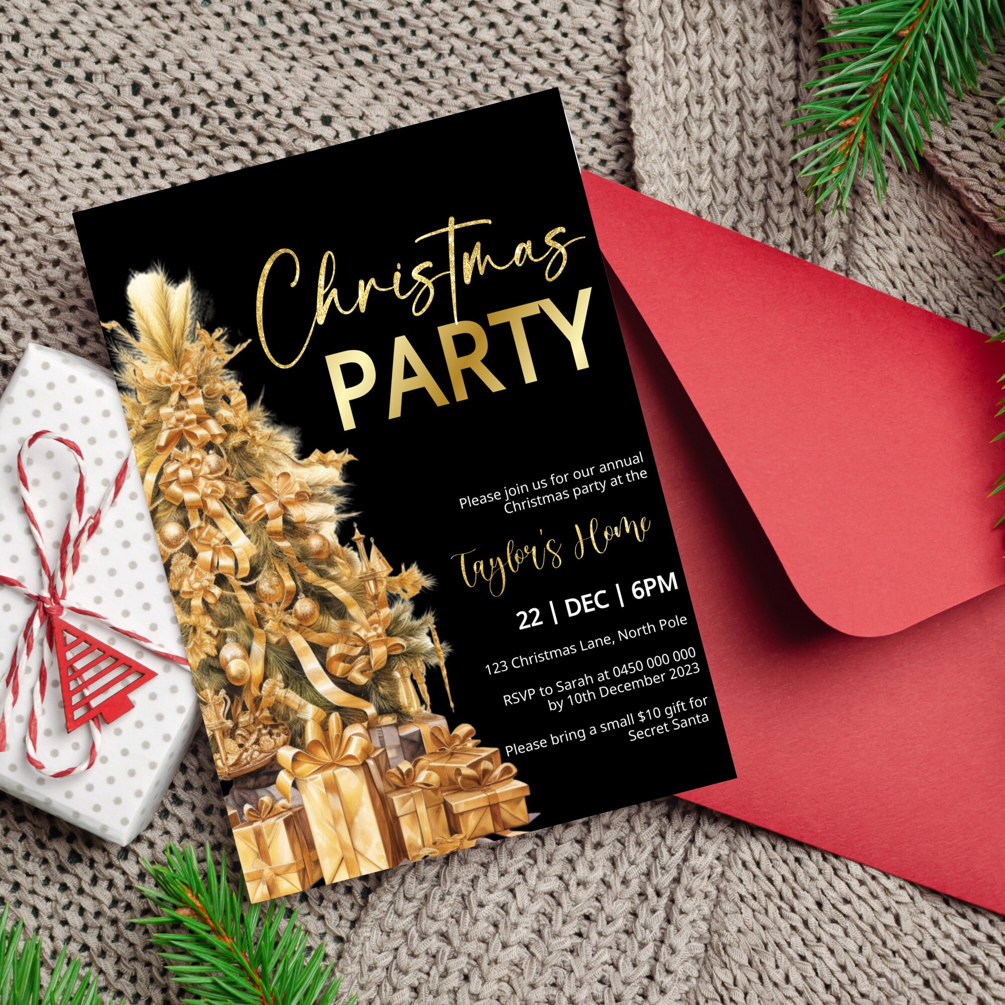 Editable Christmas Party Digital Template, Downloadable Gold Party ...