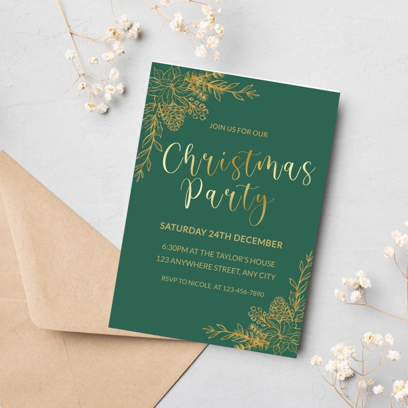 Green Gold Christmas Party Invitation Editable Template, Emerald Green ...
